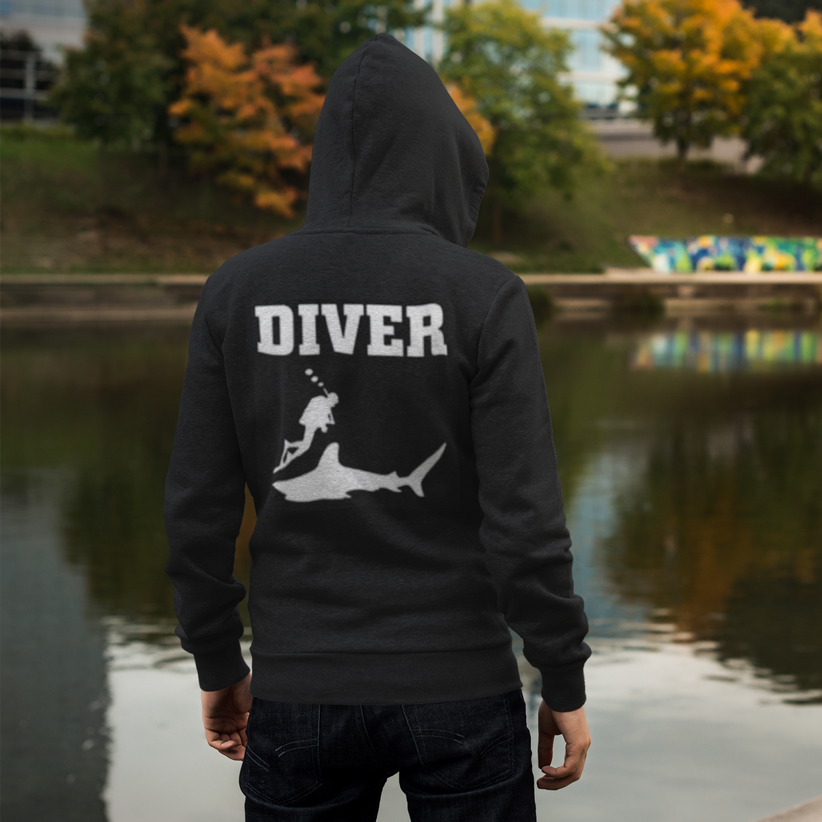Scuba diving Hoodie Men | Coated Fleece Hoodie 'Diver & Shark' – Diving ...